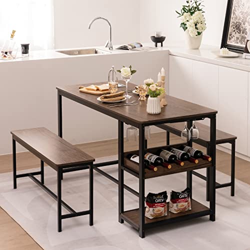 COSTWAY 3-Piece Dining Table Set for 4, Rustic Pub Dining Table with 2 Benches, 2 Storage Shelves and Glass Holder, Breakfast Kitchen Table and Chairs Set for Small Space Kitchen Restaurant Bar
