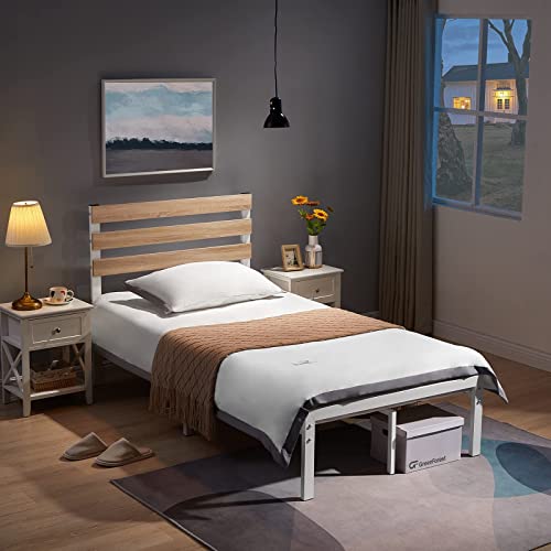 GreenForest Twin Bed Frame with Wooden Headboard Platform Bed with Metal Support Slats NO-Noise Heavy Duty Bed Base Industrial Style with 9 Strong Legs,Mattress Foundation,Twin