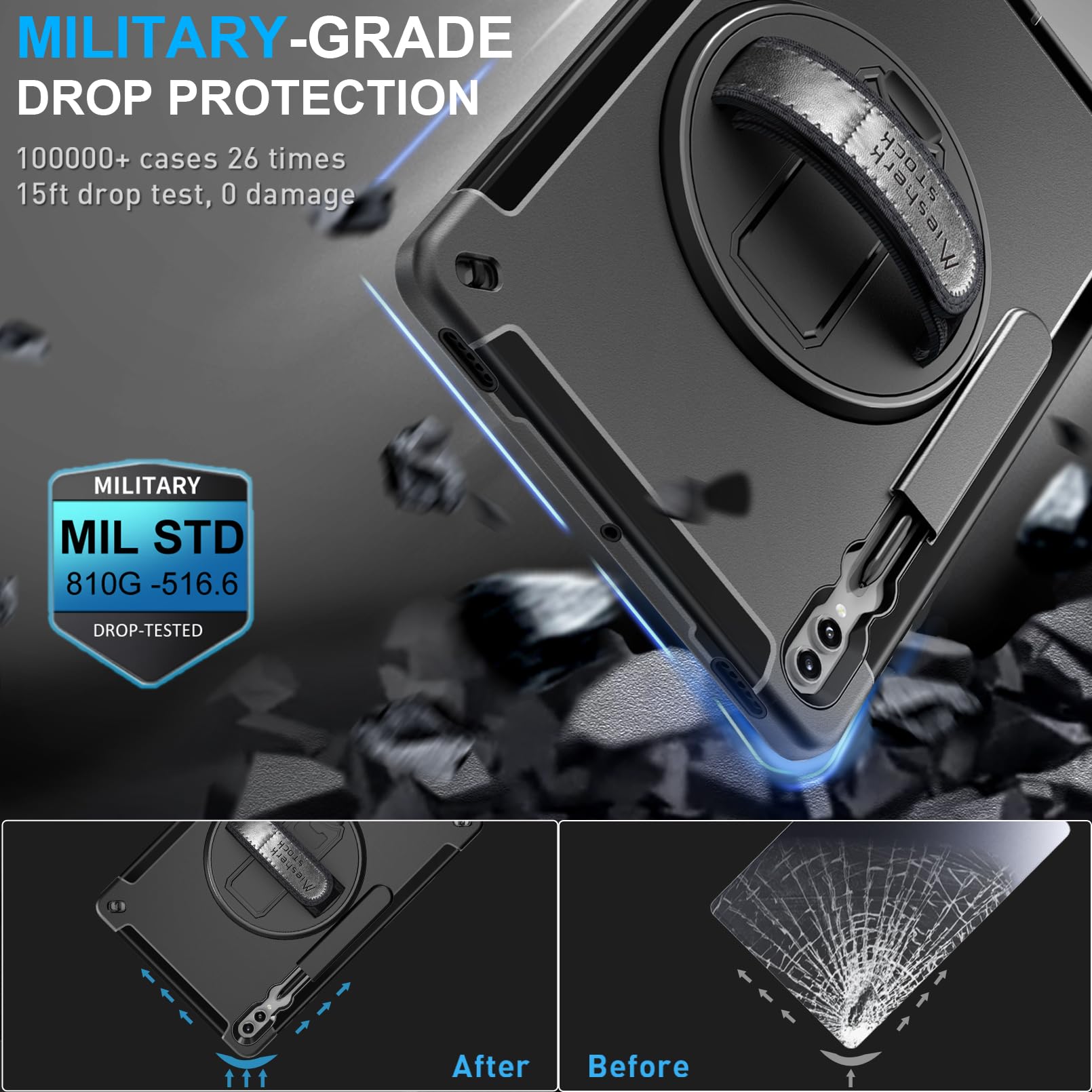Case for Samsung Galaxy Tab S10 Ultra 2024: 3-Layer Rugged Military Grade Shockproof Case for Tab S9 Ultra/S8 Ultra 14.6 '' W/360° Swivel Stand - Handle - Shoulder Strap - S Pen Holder(Black+Black)