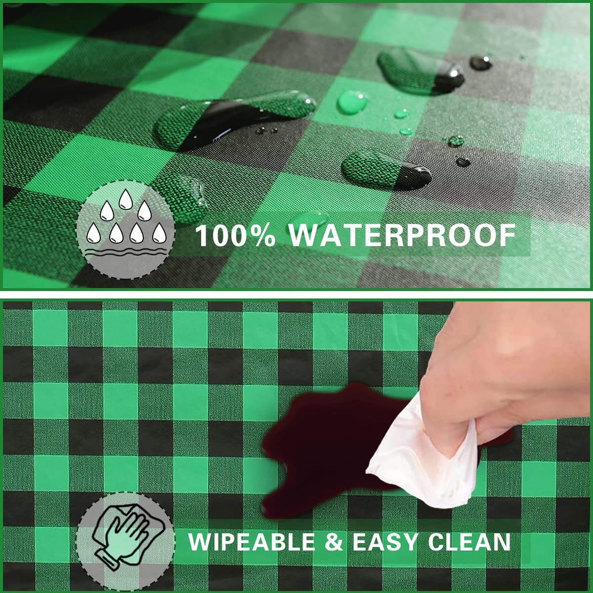 Buffalo Plaid Vinyl Christmas Tablecloth Rectangle 52 x 70 Inch With Flannel Backing, Waterproof & Anti Slip Plastic Tables Cloths, Heavy Duty Table Cover for Winter, Party & Holiday, Green and Black