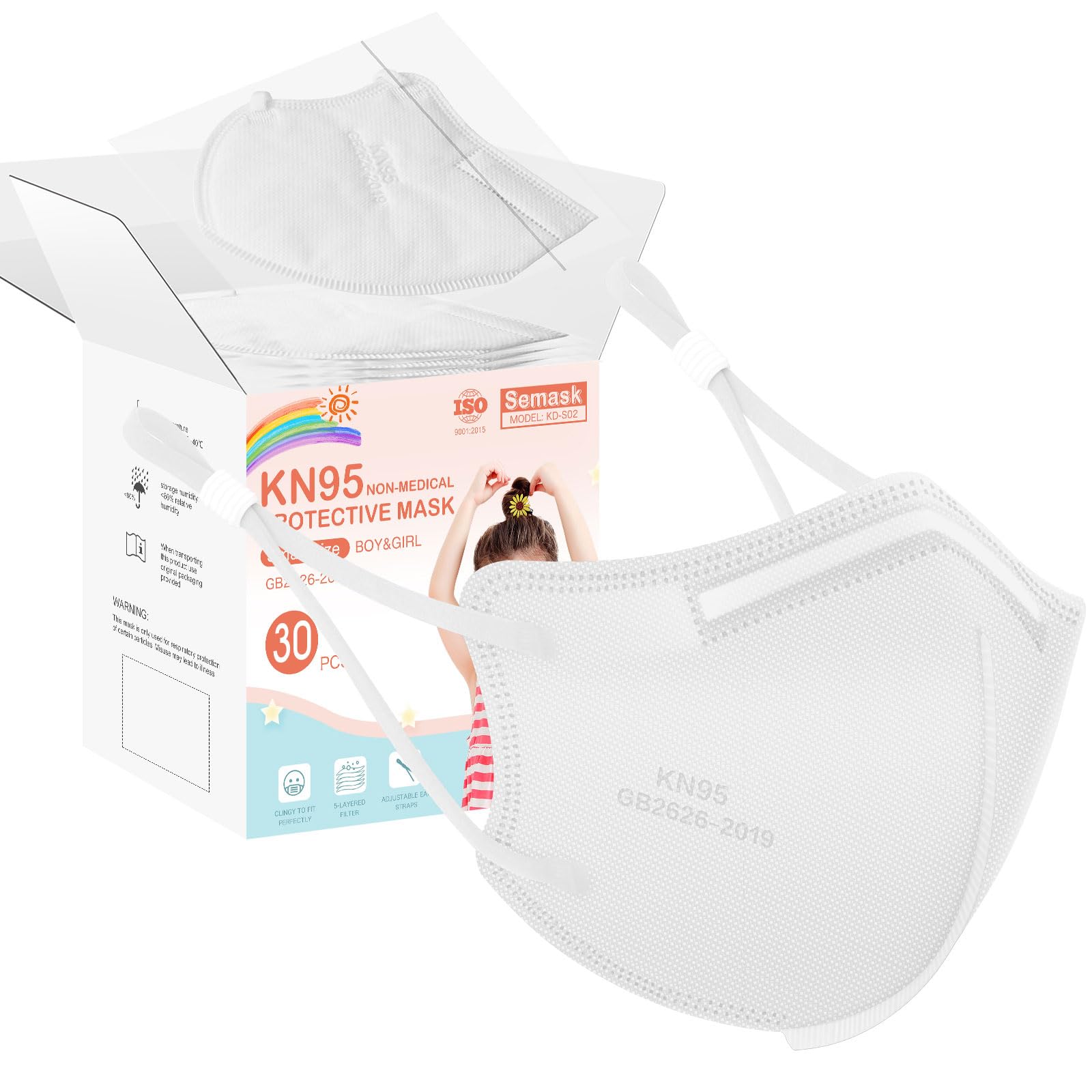 Semask Kids KN95 Adjustable Masks 30 Pack, Individually Wrapped Disposable Masks with Adjustable Ear Loops (White)