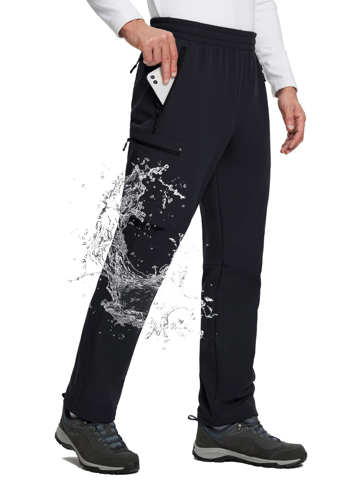 BALEAF Men's Fleece Lined Hiking Cargo Pants Waterproof Softshell Snow Ski Pants Winter Outdoor Clothing with Zipper Pockets Black Size M