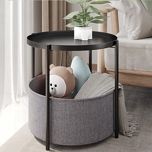 Fixwal End Tables with Fabric Storage Basket, SideTables Bedroom, Metal Small Bedside Table Nightstand with Removable Tray for Living Room, Nursery, Laundry, Black Nightstand