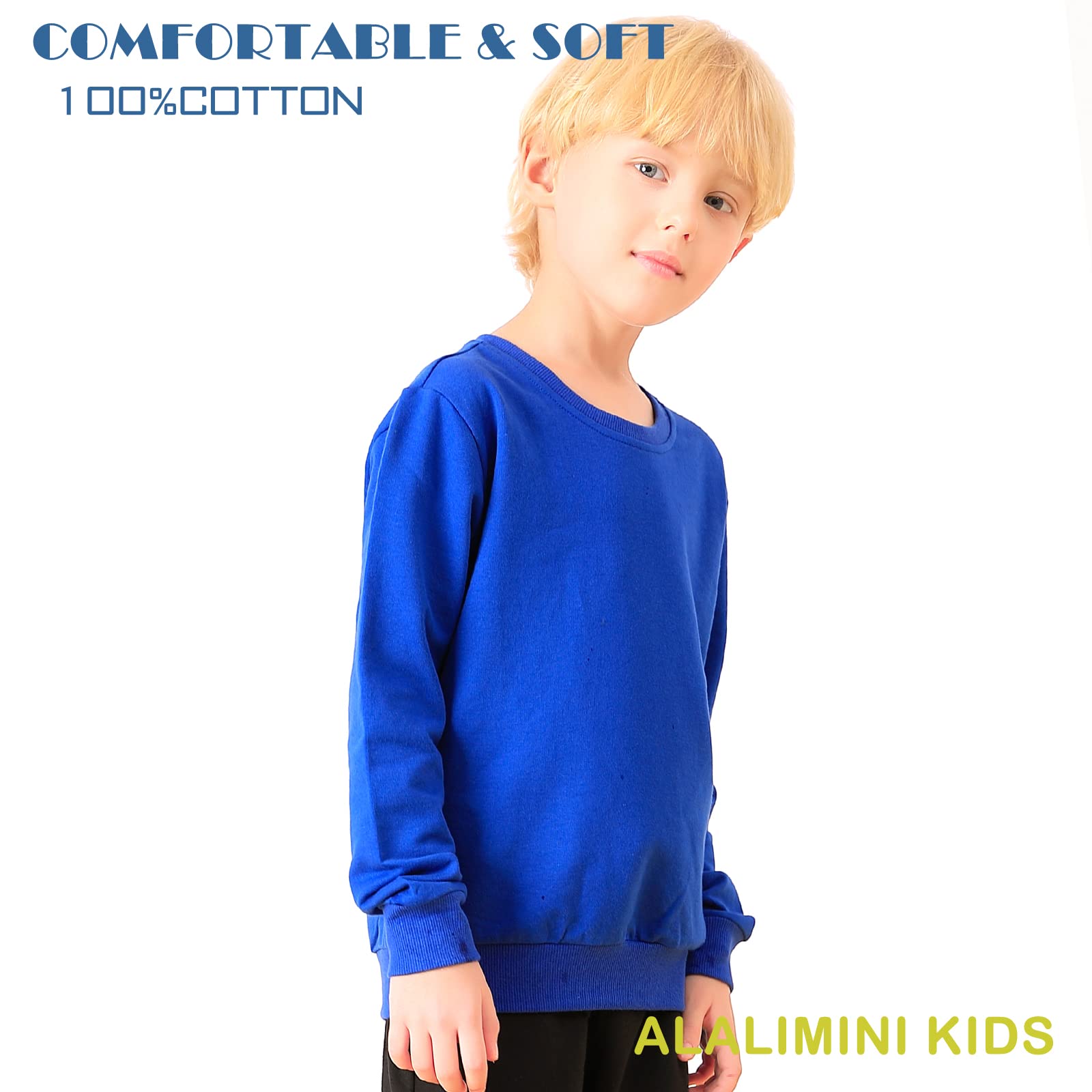 ALALIMINI Boys&Girls Crewneck Sweatshirts Toddler Kids Solid Cotton Long Sleeve Pullover Tshirts (Blue, 5T)