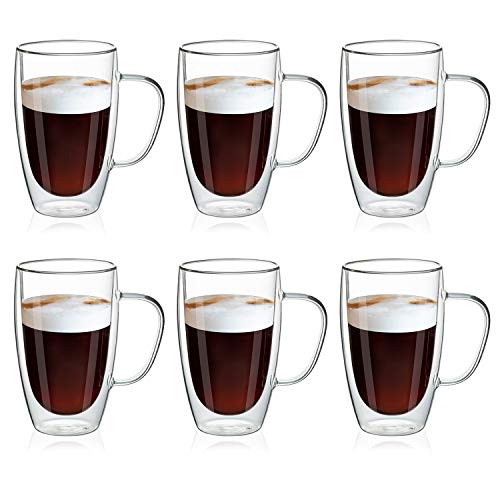 MEWAY 16oz/6 pack Coffee Mugs, Thickened Clear Glass Double Wall Cup with handle for Coffee, Tea, Latte, Cappuccino (16 oz,6)