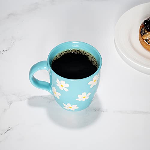 Eccolo Daisies Ceramic Coffee Mug, White and Blue Floral Handpainted Stoneware Tea Cup with Handles is Microwave, Dishwasher Safe, Medium Size Hot Drinking Cup - 16 Oz 473 ML