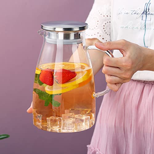 Kyraton Water Pitcher with Removable Lid 68oz/2.0L, Hot and Cold Beverages Clear Glass Pitcher, Easy Clean Heat Resistant Borosilicate Glass Jug for Tea Cafe Lemonade Milk Juice