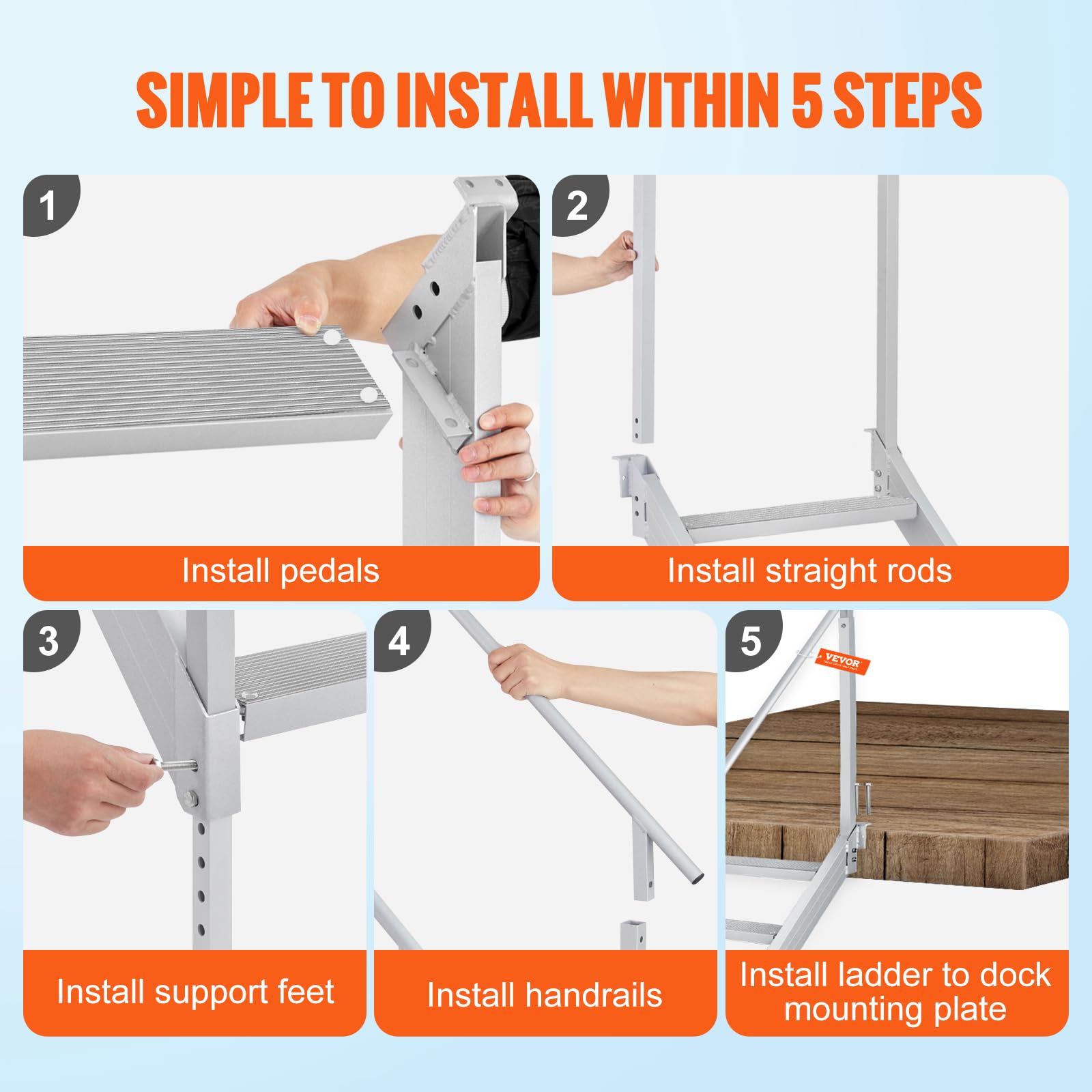 VEVOR Dock Ladder with Rubber Mat, Dock Steps 30"-39" Adjustable Height, Dock Stairs Aluminum 4 Step, Each Step 22" x 4", 500Lbs Load, for Lake, Marine Boarding, Pool