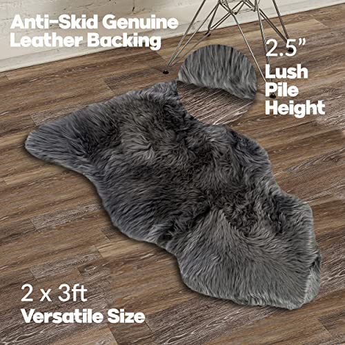 Natural Sheepskin Rug with Thick and Lush 2.5 Inch Pile | Fluffy, Hypoallergenic Sheep Fur Rug with Anti-Skid Back | 2 x 3 ft Small Sheepskin Wool Area Rugs, Grey