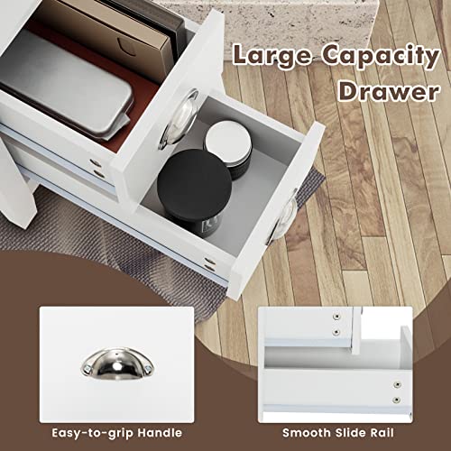 Giantex End Table Wooden W/ 2 Drawers and Shelf Space-Saving Rectangular Bedside Table with Metal Handle, Retro Side Table for Living Room Bedroom Home Furniture Side Table (1, White)
