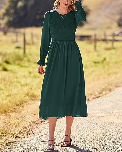 dowerme Women Casual Petal Long Sleeve Crewneck Smocked A-Line Flowy Solid Maxi Dress Fall Winter Party Cocktail Dresses(Solid Dark Green,Small)