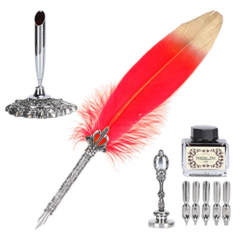 GLOGLOW Feather Pen Set, Vintage Calligraphy Writing Pen Kit with 5pcs Replacement Nib, Seal, Empty Ink Bottle for Office Stationery(Red)