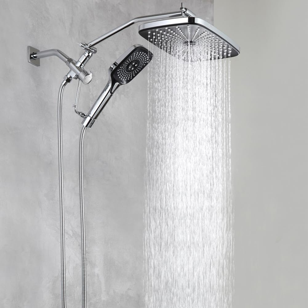 CyberWater 12 Inch Shower Head with Handheld Spray Chrome Built-in Power Wash Mode 3-way Diverter with Pause Setting, Adjustable Extension Shower Arm, 71 Inches Stainless Steel Hose