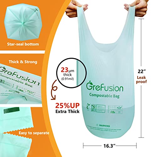 GreFusion Compostable Trash Bags with handle-tie,Garbage Bags, 2.6 Gallon,Thick 0.91 mils,Food Waste Bags,Small trash bags for compost bin kitchen,Certified by BPI and OK Compost (2.6G-50count)