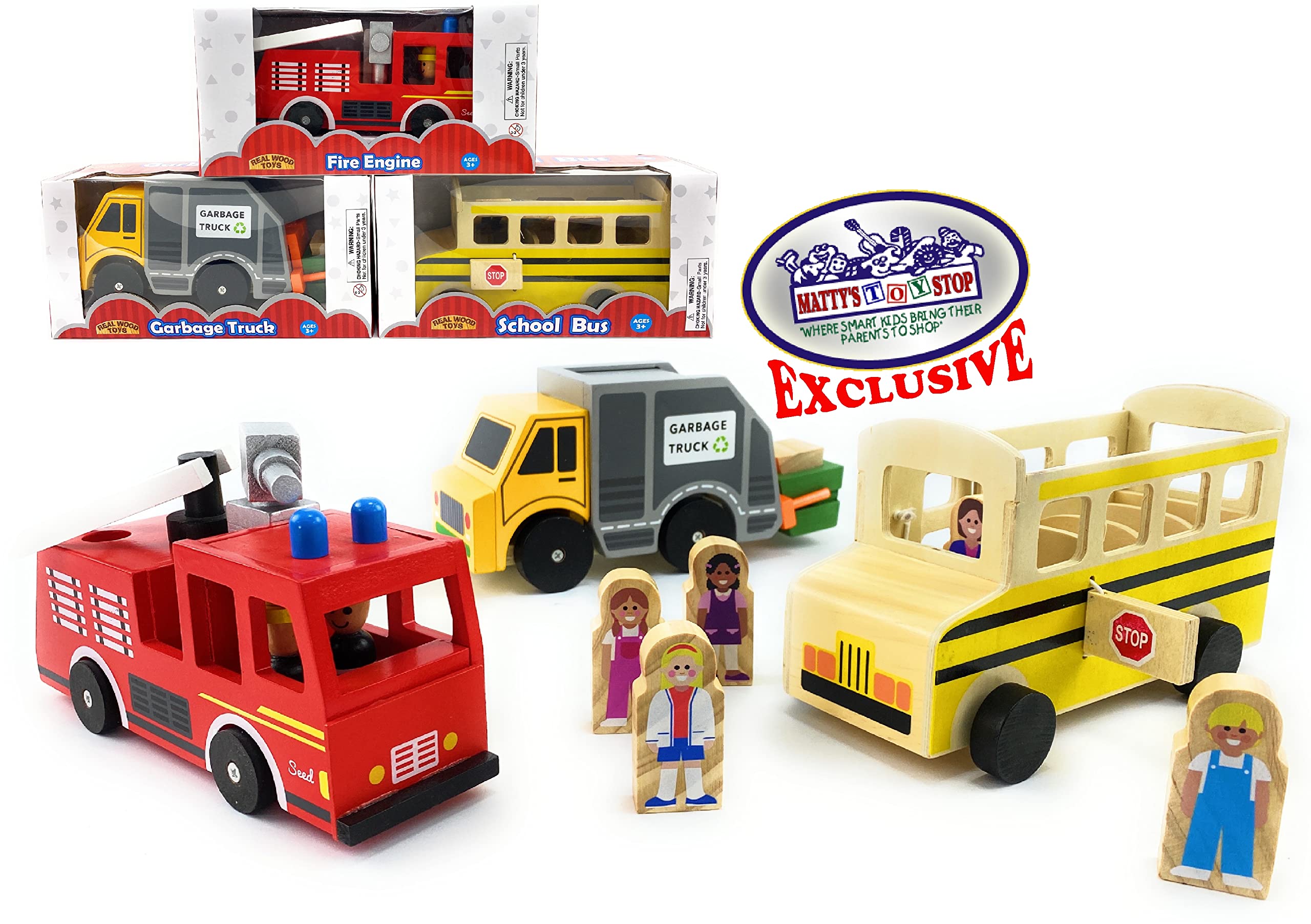 Matty's Toy Stop Deluxe Wooden Vehicle Set Featuring a School Bus (with 5 Play Figures), Fire Engine (Fire Truck) and Garbage Truck Gift Set Bundle - 3 Pack