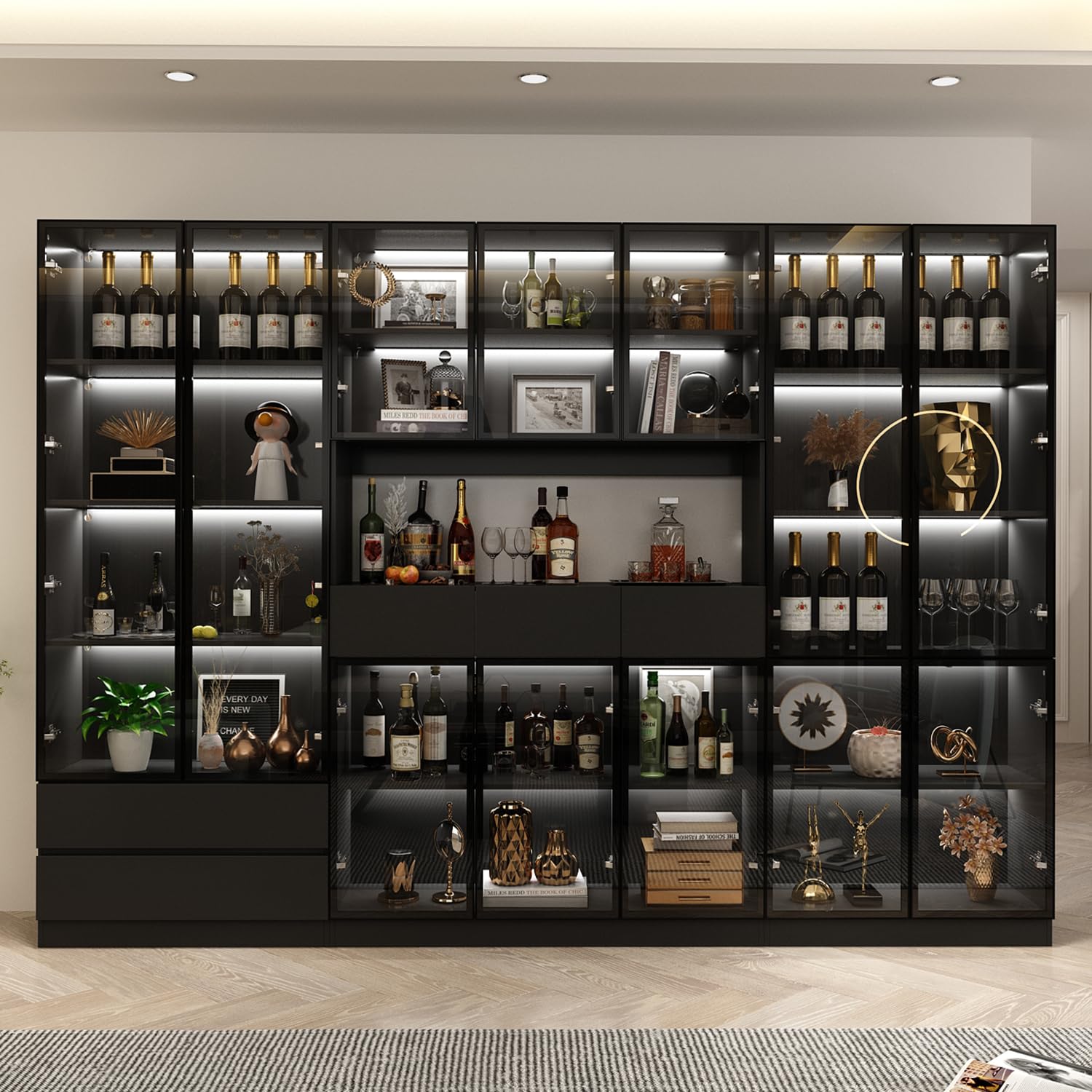 Hitow Tall Bookcase Bookshelf with Glass Doors and Lights, Large Display Shelf Organizer Set with Hutch, Library Bookshelf with 5-Tier Shelves & Drawers, for Living Room Home Office, Black (110.2" W)