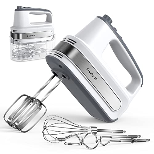 SHARDOR Electric Hand Mixer, 5 Speed & Turbo Electric Mixer with 5 Stainless Steel Accessories, Handheld Mixer for Whipping, Mixing Cookies, Brownie, Cakes, Dough Batters, Snap-On Storage Case, Silver