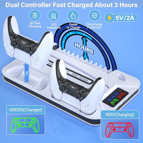 Cooling Station with Dual Controller Charging Station for PS5, Upgraded Accessories Vertical for PS5 Stand, 3-Levels Cooling Fan, 3 USB Hub and Headset Holder for Playstation 5 Disc/Digital Edition