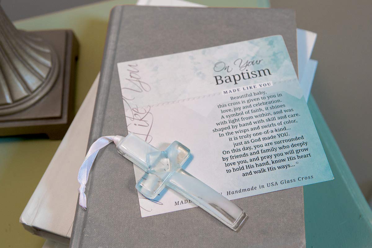 On Your Baptism Beautiful Baby Handmade Aqua Glass Cross - Treasured Baptism Gift for Baby Girl or Boy