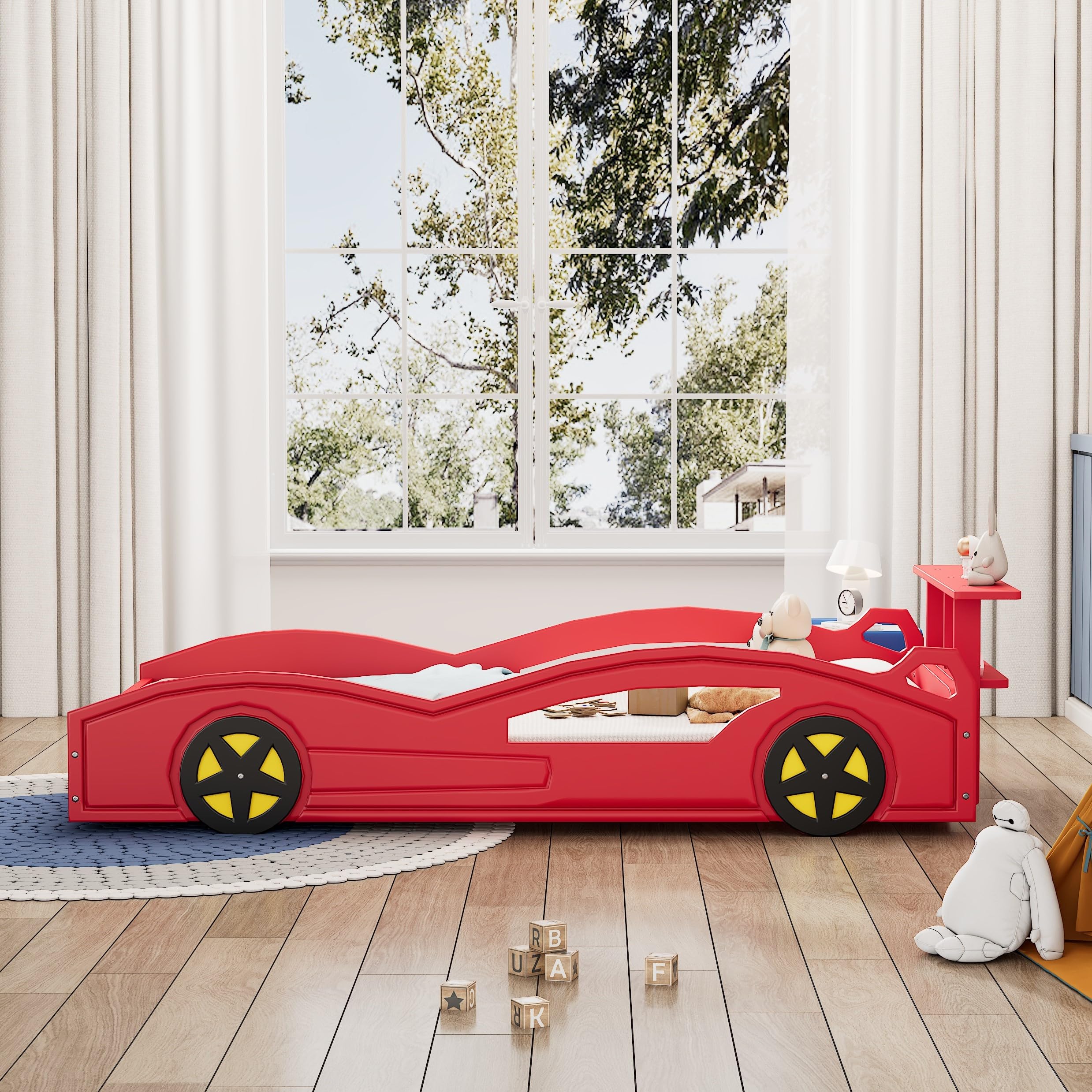 Twin Size Bed Frame for Kids, Twin Floor Bed with Rails, Wooden Race Car Bed, Car-Shaped Platform Twin Bed with Wheels,Mattress Foundation,Wood Slat Support, No Box Spring Needed, Red