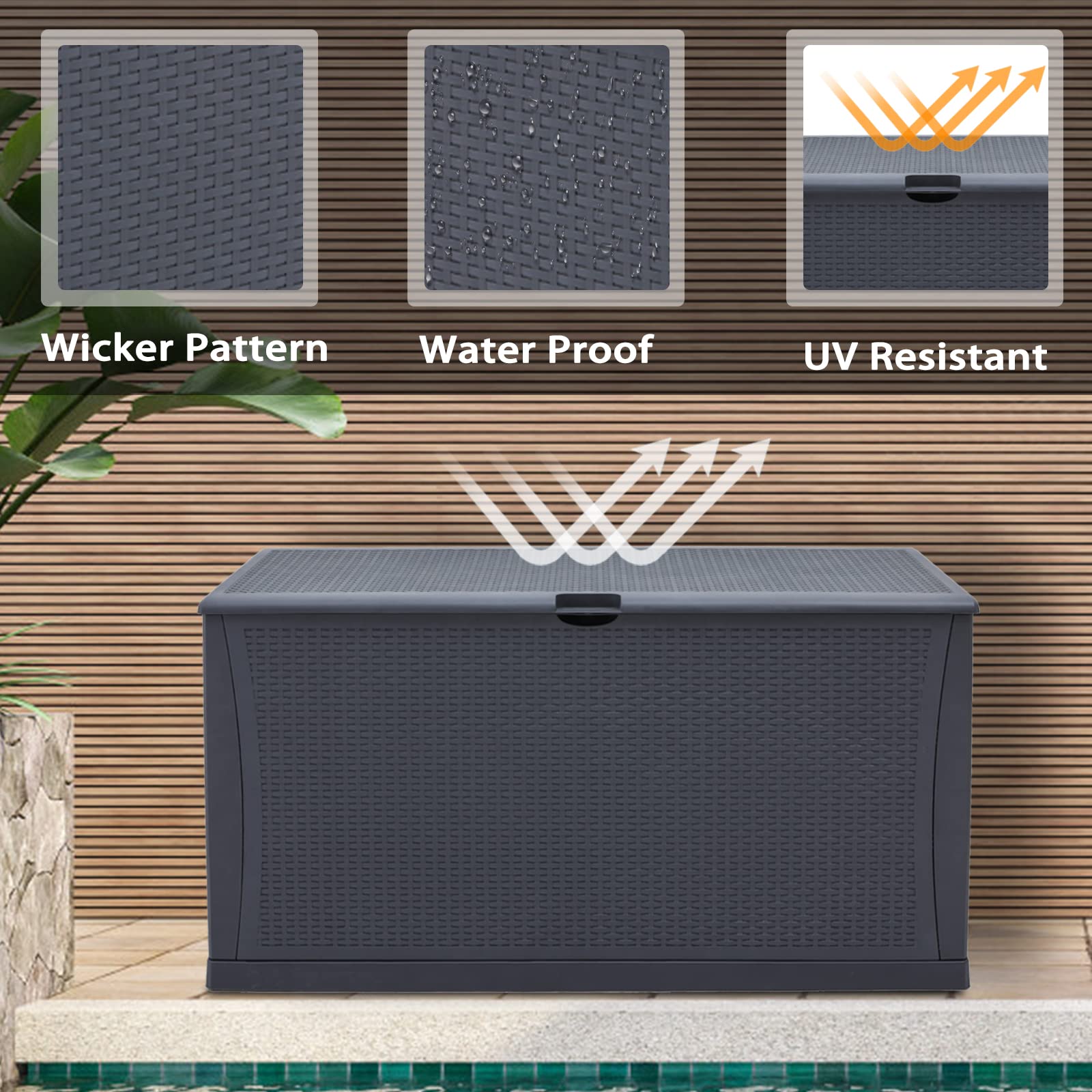 Cemeon 120 Gallon Outdoor Large Deck Storage Box, Resin Wicker Patio Storage Container for Patio Cushions, Gardening Tools and Toys (Dark Gray)