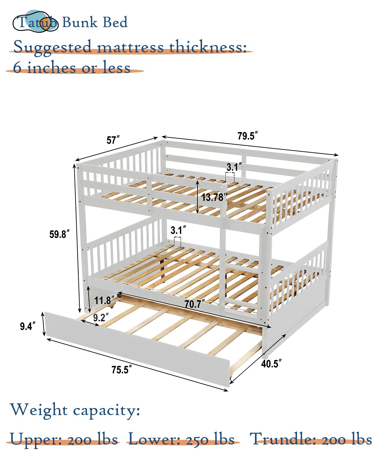 Tatub Full Over Full Bunk Bed with Trundle, Pine Wood Frame, Ladder and Guard Rails, Solid Bunk Bed with Trundle for Kids, Teens, Adults, No Box Spring Needed, Grey