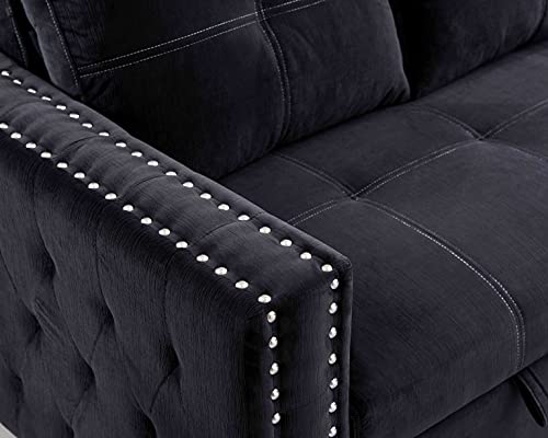 Cotoala 91" 91'' Velvet Reversible Sleeper Sectional Sofa, L-Shape 3 Seat Convertible Couch with Storage and Pull Out Bed, Button Tufted Nail Head Trim, Living Room Furniture, Black