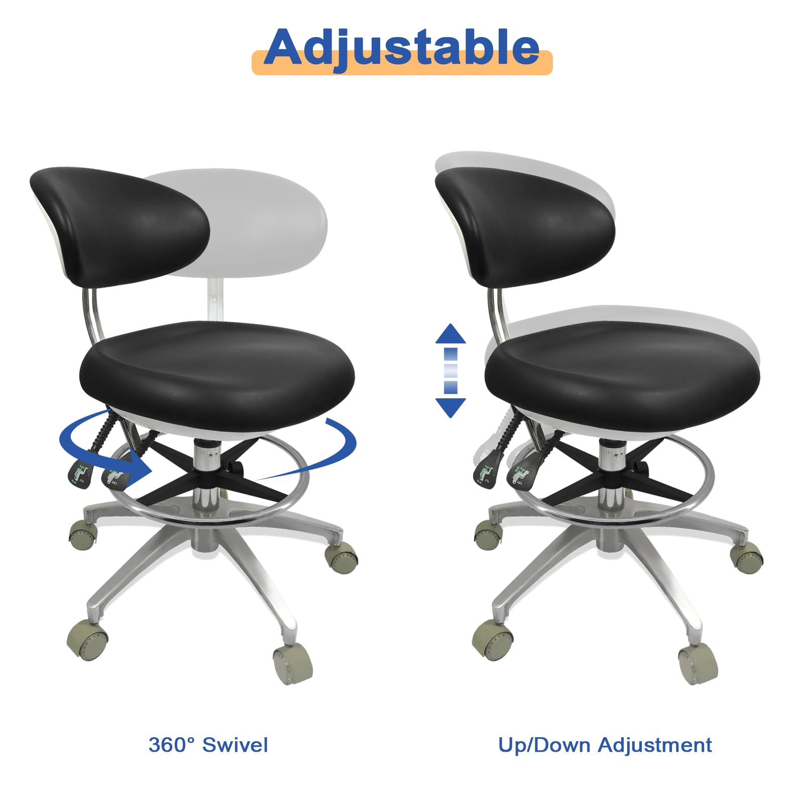LIMKOMES Medical Dental Assistant Stool with Adjustable Backrest Rolling Ergonomic Swivel Seating Dentist Chair for Clinics, Dental Office, Lab-Black