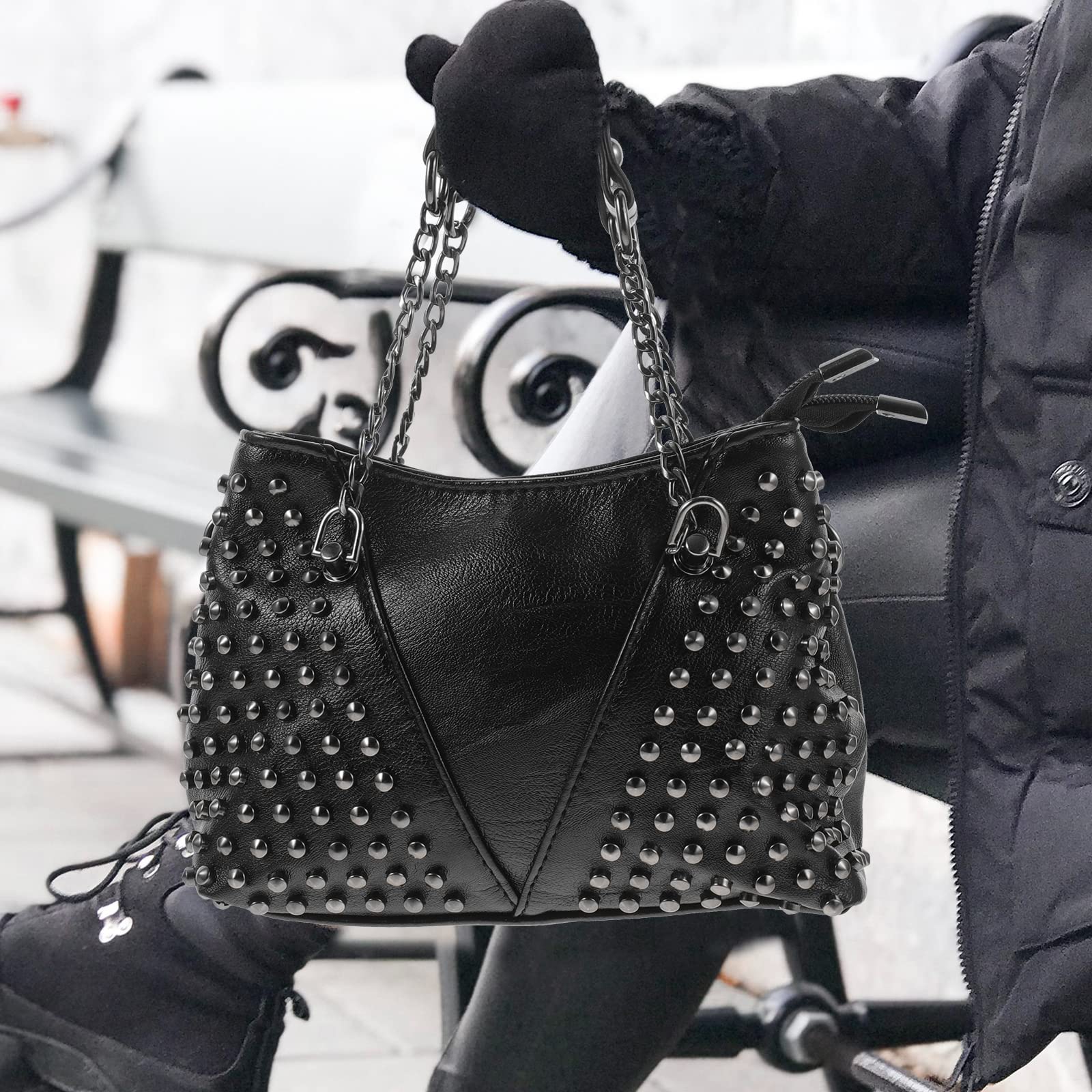 Studded Shoulder Bag for Women Leather Punk Rivet Crossbody Bag Handbag with Chain Wallet Purse for Girls