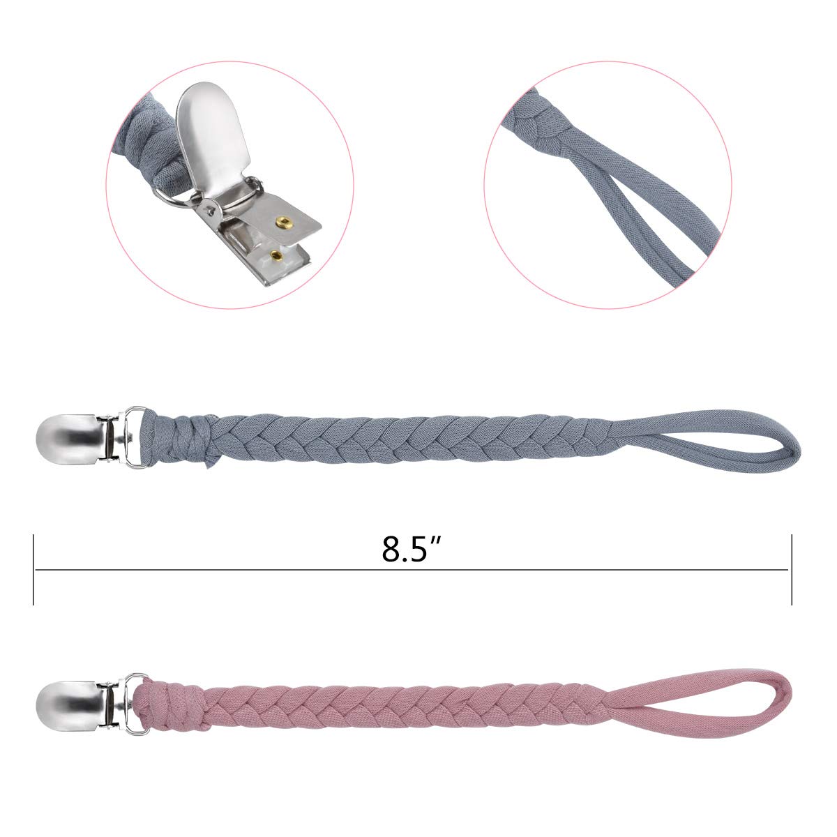 Baby Pacifier Holder for Boys and Girls, Teething Straps Unisex Design, Smoother Clip 100% Handmade Braided, Easy to Use for Teething Toy, (Pink)