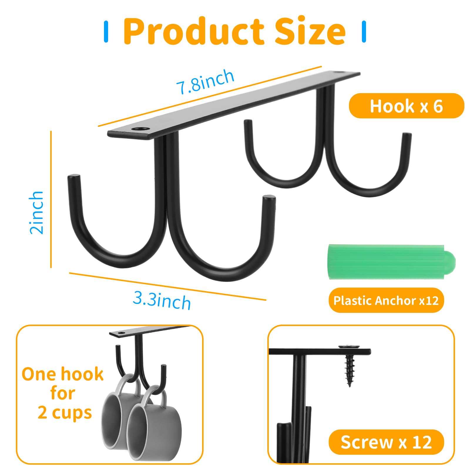 CYEAH 6 Pack Under Cabinet Mug Rack, Cabinet Hook Mug Holder - Hanging Coffee Cup Rack with 24 Hooks, Cup Organizer for Kitchen Cabinets and Storage Handing Coffee Cup Utensils Display, Black