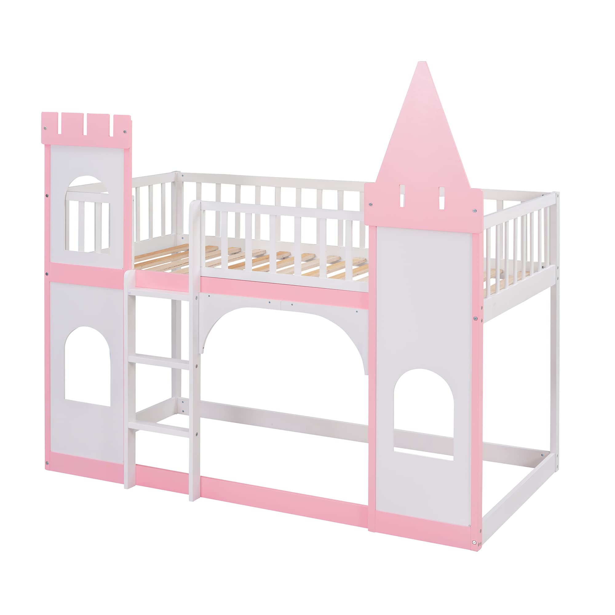 Harper & Bright Designs Twin Over Twin Kids Bunk Bed, Twin Loft Bed with Castle Shape Design, Wooden Floor Bunk Beds for Girls Boys Bedroom Dorm, Pink