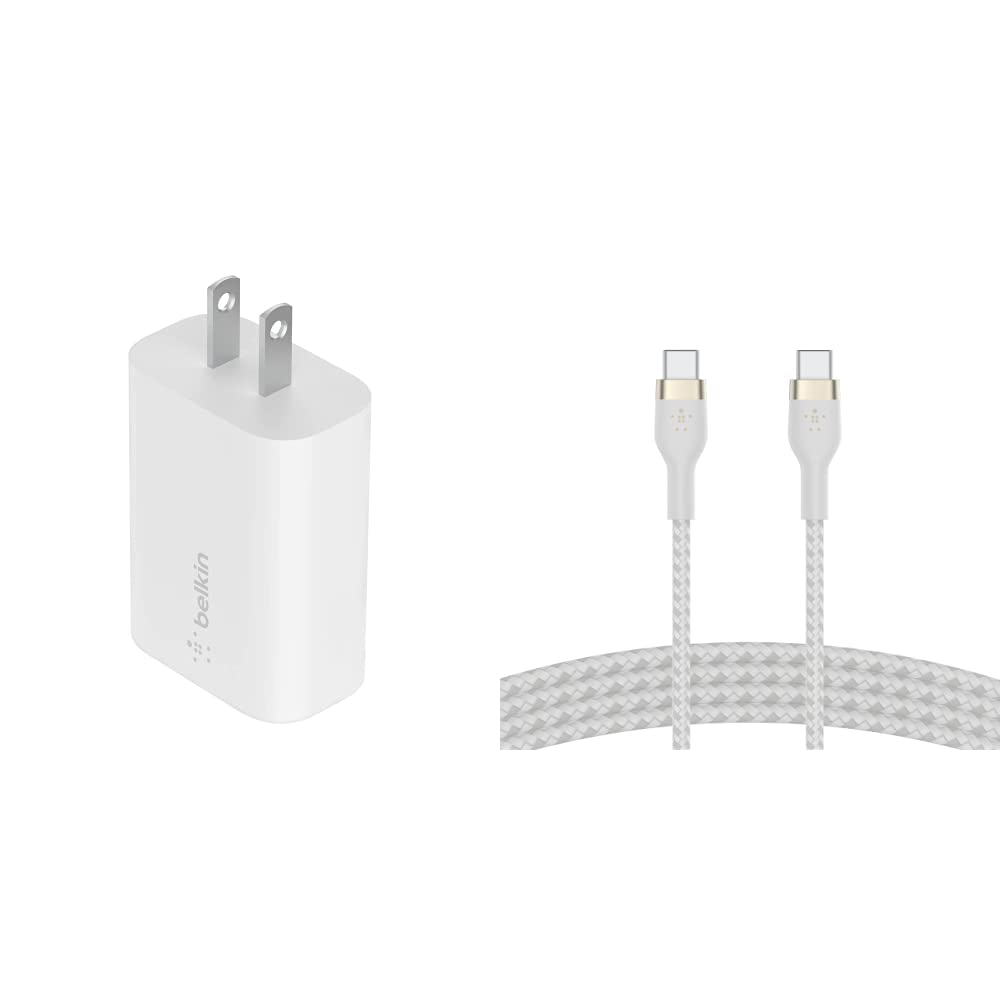 Belkin 25W USB-C Wall Charger and Braided USB-C to USB-C Charging Cable Bundle for iPhone 15 Series, iPad Pro, Galaxy S23 Series
