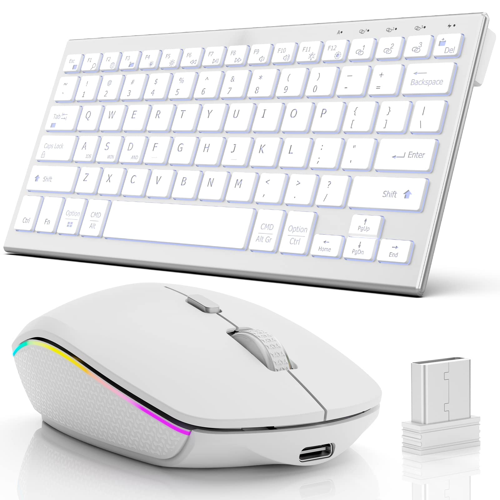 FENISIO Wireless Keyboard Mouse, Ultra Slim Bluetooth 2.4G Slient Wireless Keyboard and Mouse Combo with Backlit, Multi-Device USB Rechargeable Keyboard Mouse for Laptop PC Windows Desk (Silver White)