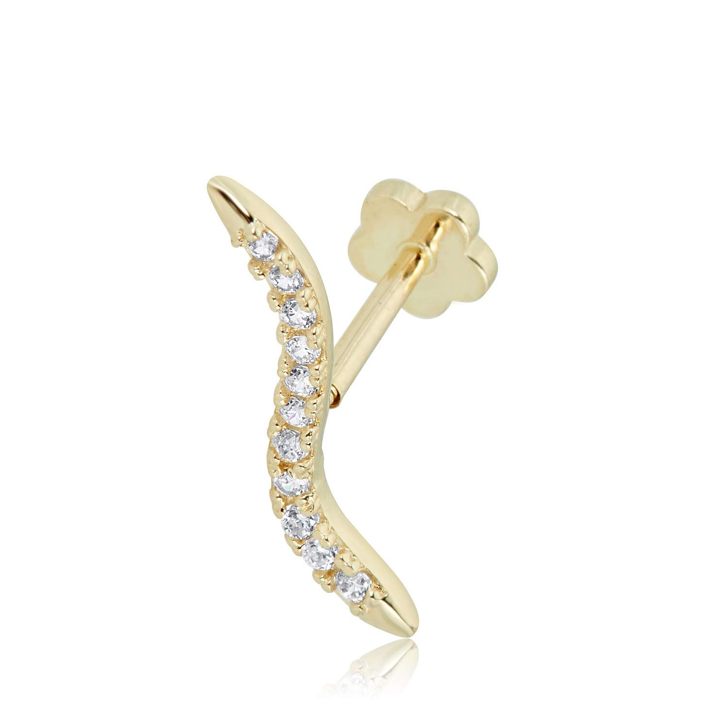 AVORA 14K Yellow Gold Simulated Diamond CZ "S" Curved Bar Cartilage Piercing Flat Back Earring Body Jewelry (18 Gauge)