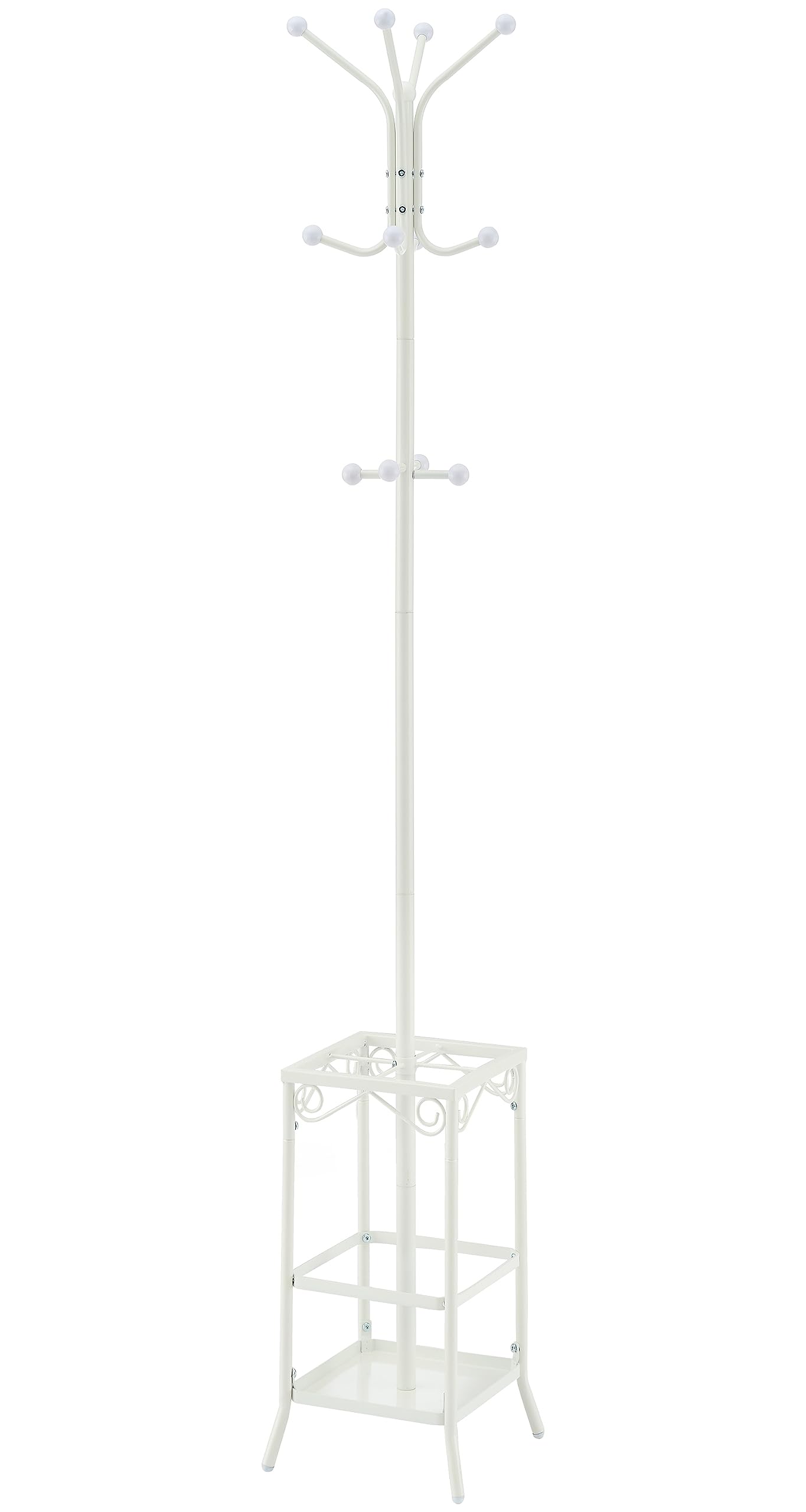 Hoctieon Coat Rack Freestanding, Entryway Coat Hanger Stand, Umbrella Holder, Hall Tree With 12 Hooks, Floor Standing Metal Tree Stand, White