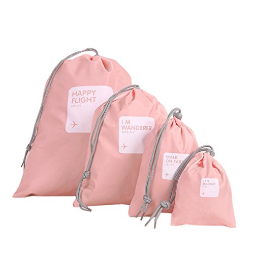 Multipurpose Essential Travel Packing Organiser Waterproof Drawstring Suitcase Clothes Underwear Laundry Shoes Bags Storages Toiletries Cosmetics Cases Holders Storages Bags Pouches 4 Pcs set Pink