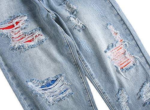COOSVEN Men Ripped Jeans, Slim Fit Straight Leg, Denim Pants with Holes (Light Blue, 34)