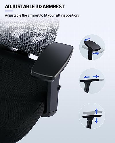 Ergonomic Office Chair with Foot Rest, Rubber Wheels Desk Chair with Lumbar Support, Adjustable Headrest & 3D Armrest, Mesh Computer Chair for Adults, Reclining Home Office Chair BlackGray