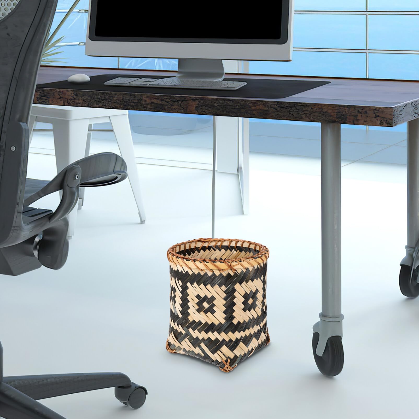 DEARMAMY Bamboo Woven Trash Can, Rattan Garbage Bin Wicker Laundry Basket Round Waste Basket Rubbish Storage Container Waste Paper Bin Plant Flower Pot for Under Desk Office