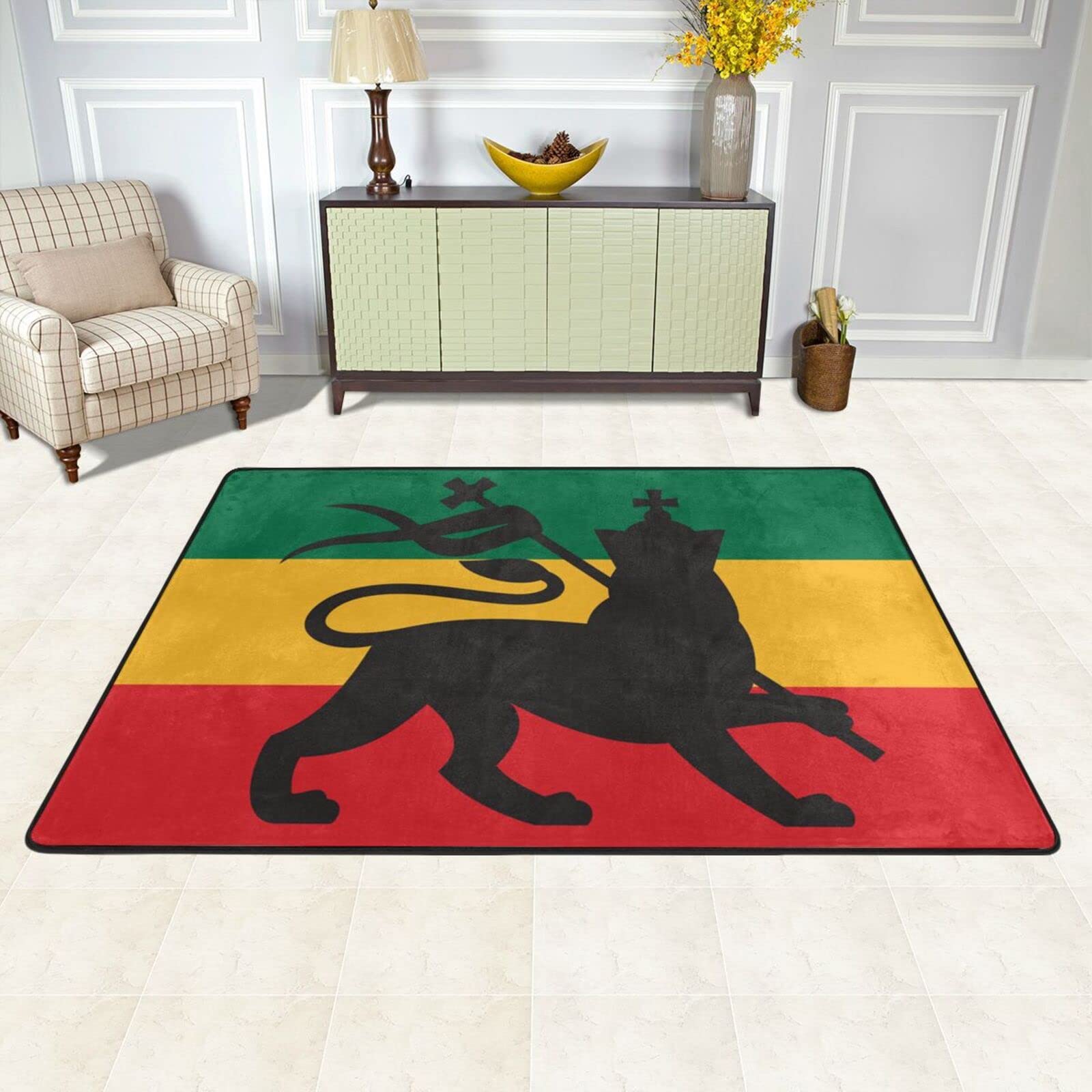 Rastafarian Flag with Lion Judah Area Rugs Floor Carpet Doormat Floor Mat Entrance Rug Throw Rugs Carpet for Front Door Living Room Kitchen Bedroom Garden 36"x24" Inch