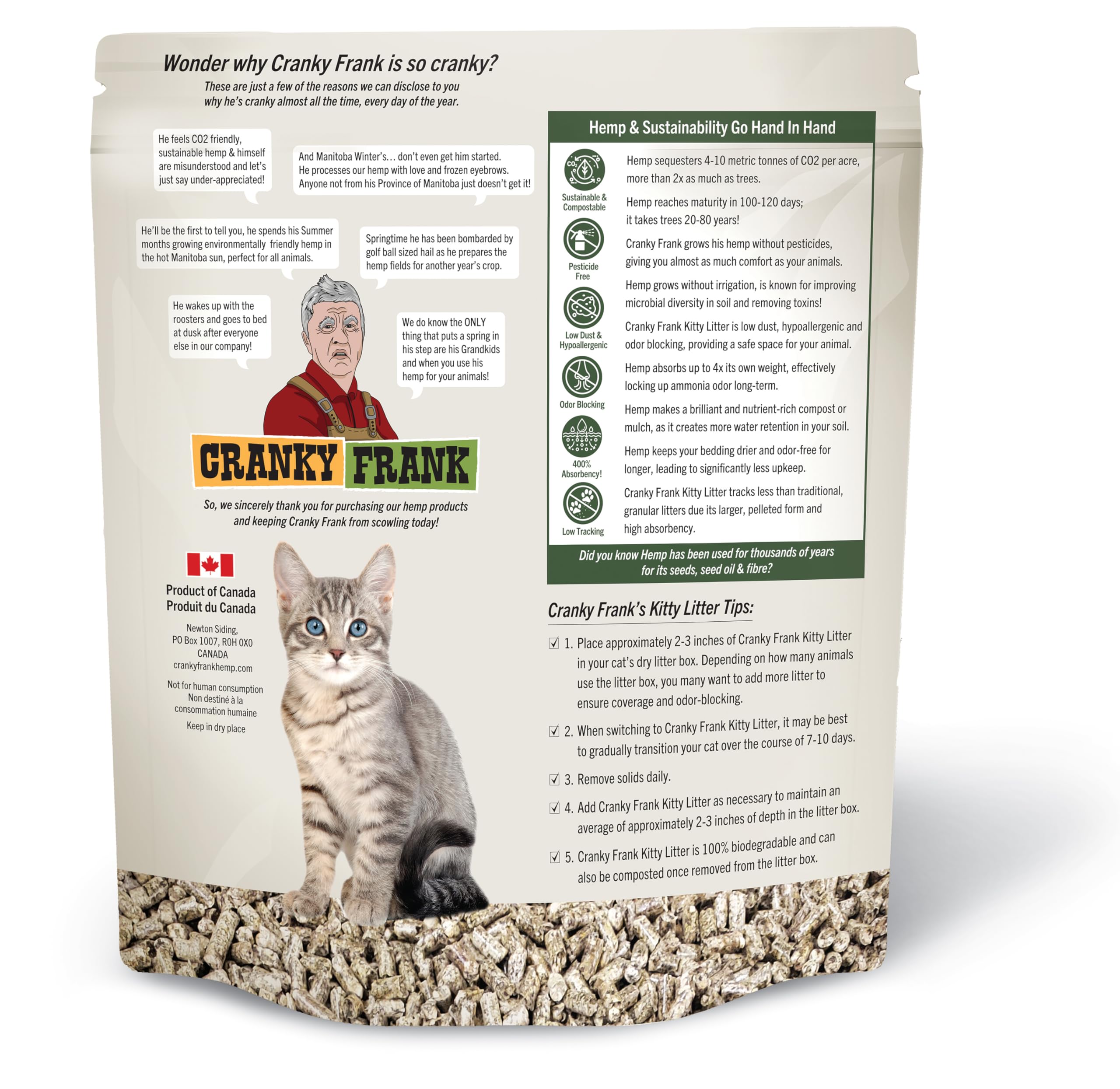 Cranky Frank Hemp Cat Litter Pellets, Low-Dust, Low-Tracking, Super-Absorbent Kitty Litter Feat. Long-Term Odor Control, 15 lb.