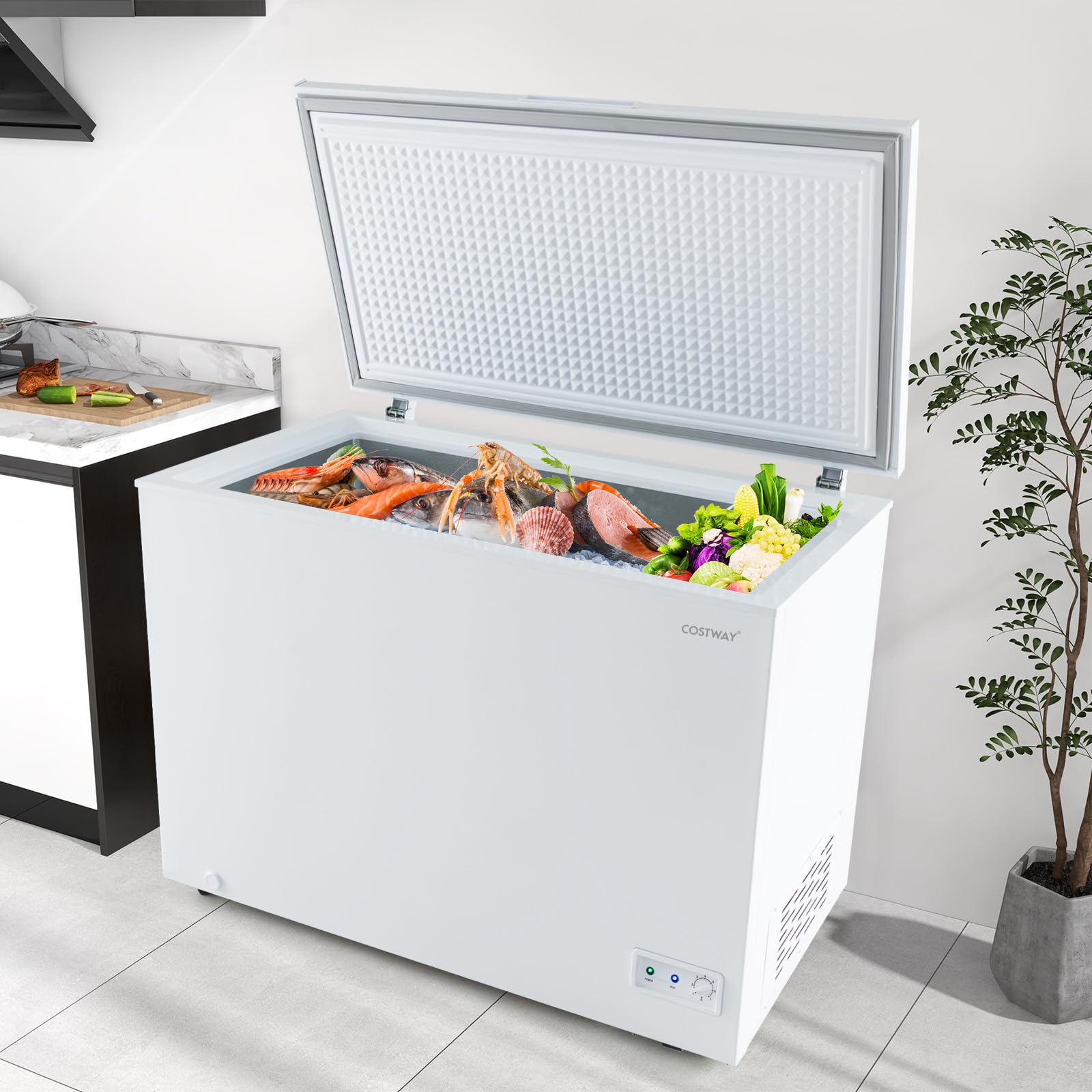 COSTWAY 10 Cu.Ft. Chest Compact Deep 7-Level Adjustable Temperature, Removable Basket Freestanding Top Open Door Freezer for Home, Garage, Basement, White