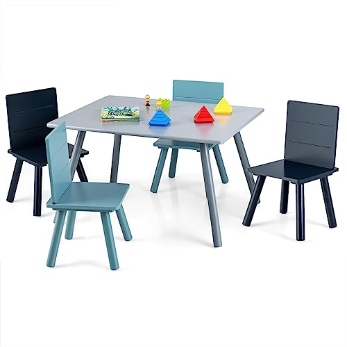 HONEY JOY Kids Table and Chair Set, Pine Wood Toddler Table and 4 Chair Set w/Building Blocks, 5 Pieces Children Furniture Set for Daycare, Classroom, Playroom, Gift for Boys Girls (Blue)