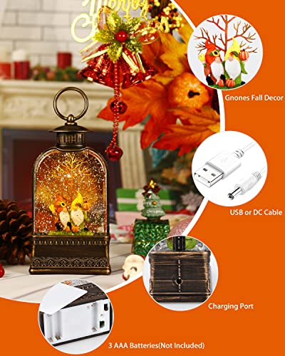 Gnomes Snow Globe, Fall Decoration, Thanksgiving Snow Globe Lantern, Christmas Snow Globe Musical Sparkly Swirling Snow, 3 Settings Batteries or USB Cable, Holiday Decoration (9.9Inch)