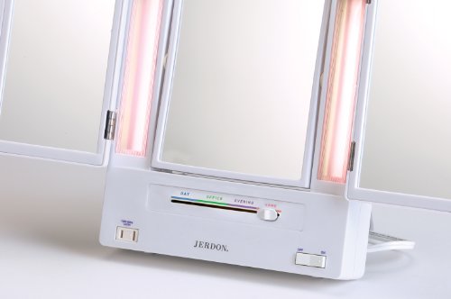 JERDON Tri-Fold Two-Sided Makeup Mirror with Lights - Vanity Mirror with 5X Magnification & Multiple Light Settings - White Base - Model JGL9W