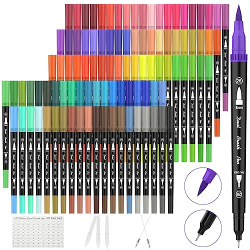 Dual Tip Coloring Markers,100 Color Brush Pens Set, Kids Adults Artist Fine Point Marker Pens, Watercolor Pens for Lettering, Drawing, Journaling, Note taking, Writing
