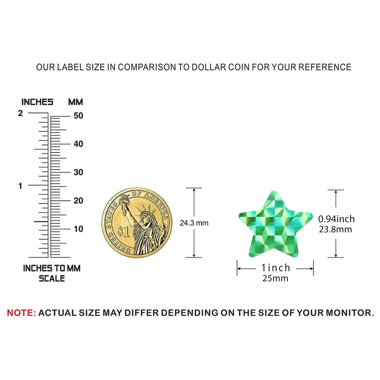 Fiercy 1 inch Green Star Stickers with Glitter Holographic Pattern, 500 pcs Sparkling Self-adhensive Label Roll, Star Shape Reward Stickers for Kids Behavior