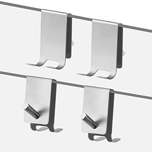 JiGiU Over Shower Glass Door Hook, 4 Pack Over Door Hooks for Shower Door Silver 304 Stainless Steel Rack Hooks Brushed Nickel Over The Door Hanging Shower Squeegee Hook No Drill for Bathroom