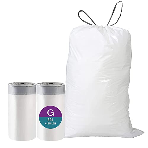 DisplayForever Code G (50 Count) 8 Gallon Heavy Duty Drawstring Plastic Trash Bags Compatible with simplehuman Code G 1.2 Mil White Drawstring Garbage Liners 8 Gallon/30 Liter